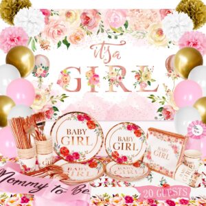 baby shower decorations for girl pink and rose gold floral baby shower decor with it's a girl backdrop and baby girl plates and napkins for sweet baby girl shower supplies serves 20 guests