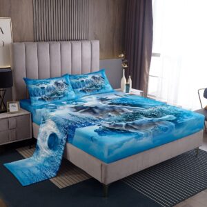 snow wolf sheet set full size wild animal theme bedding set for kids boys teens room decor, 3d wolf and trees print bed sheet set 4pcs with deep pocket fitted sheet + flat sheet + 2 pillowcases