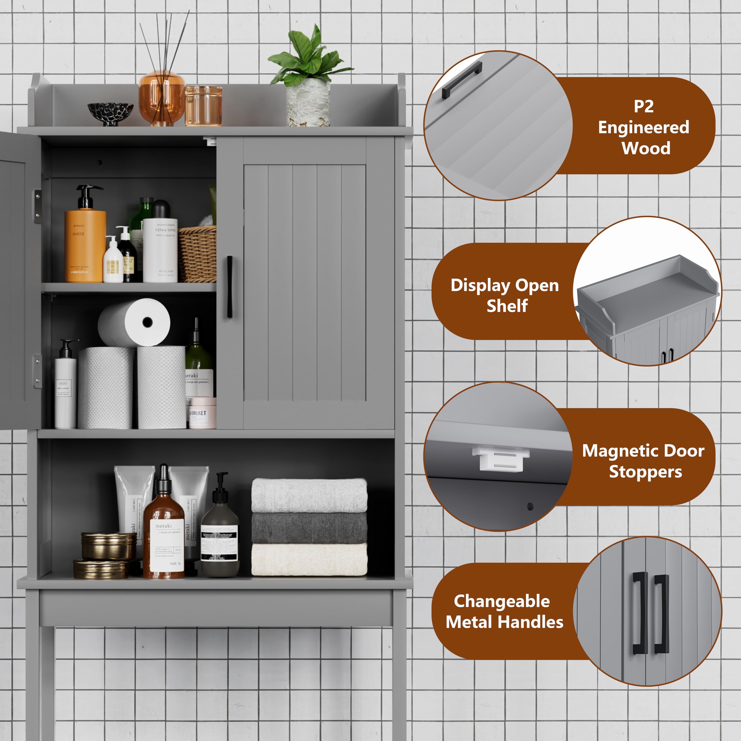 VEIKOUS Over The Toilet Storage Bathroom Organizer and Small Freestanding Cabinet W/Adjustable Shelf & Storage Rack, Bathroom Space Saver, Grey