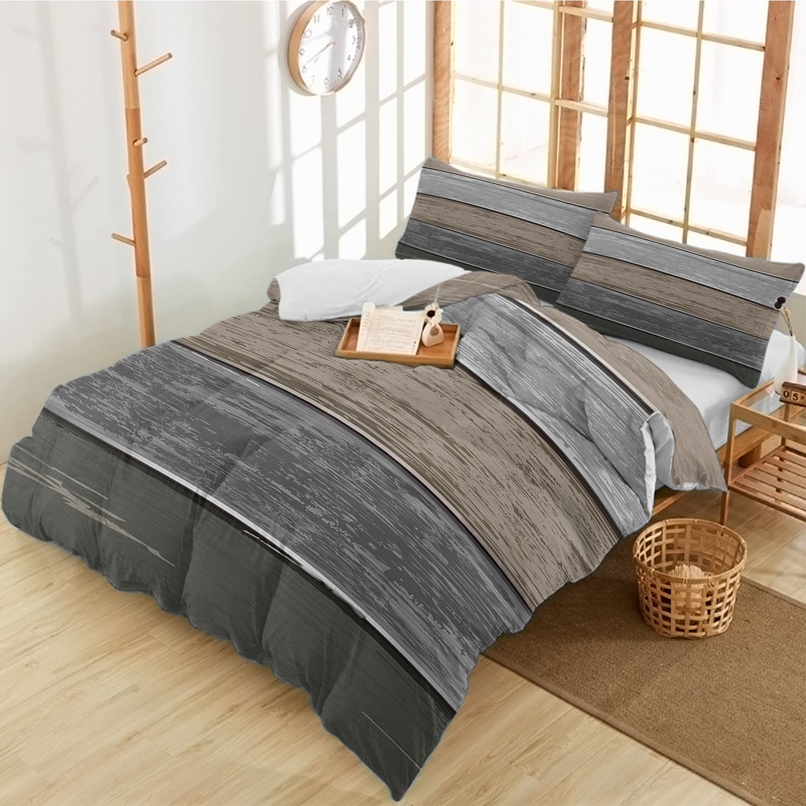 Chees D Zone 3 Pieces Bedding Duvet Cover Set Vintage Country Style,Ultra Soft Microfiber Quilt Covers and Pillow Shams for Bedroom,Farmhouse Gradient Gray Wood Grain Bed Sets All Seasons Use Queen