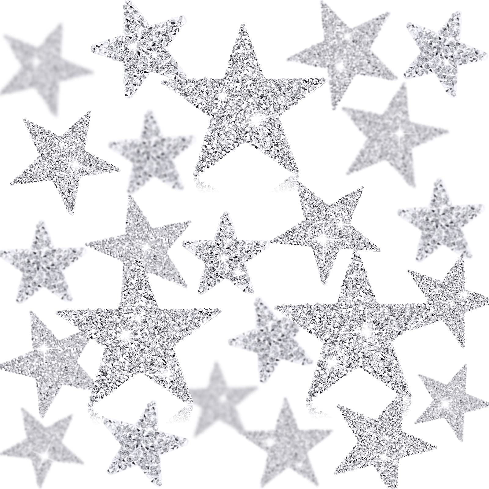 Syhood 24 Pieces Star Patches Iron on Patches Star Appliques Rhinestone Adhesive Sequin Star Patches Glitter Star Patches Appliques for Clothing Jeans Repair Decoration(1.57/2.36/3.15 Inch,Silver)