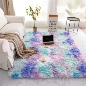 holawakaka shaggy fluffy faux fur area rug for bedroom sofa living room home decor multi-color rectangle tie dye floor mat ultra-soft plush fuzzy rugs carpet (6x9 feet, blue purple)