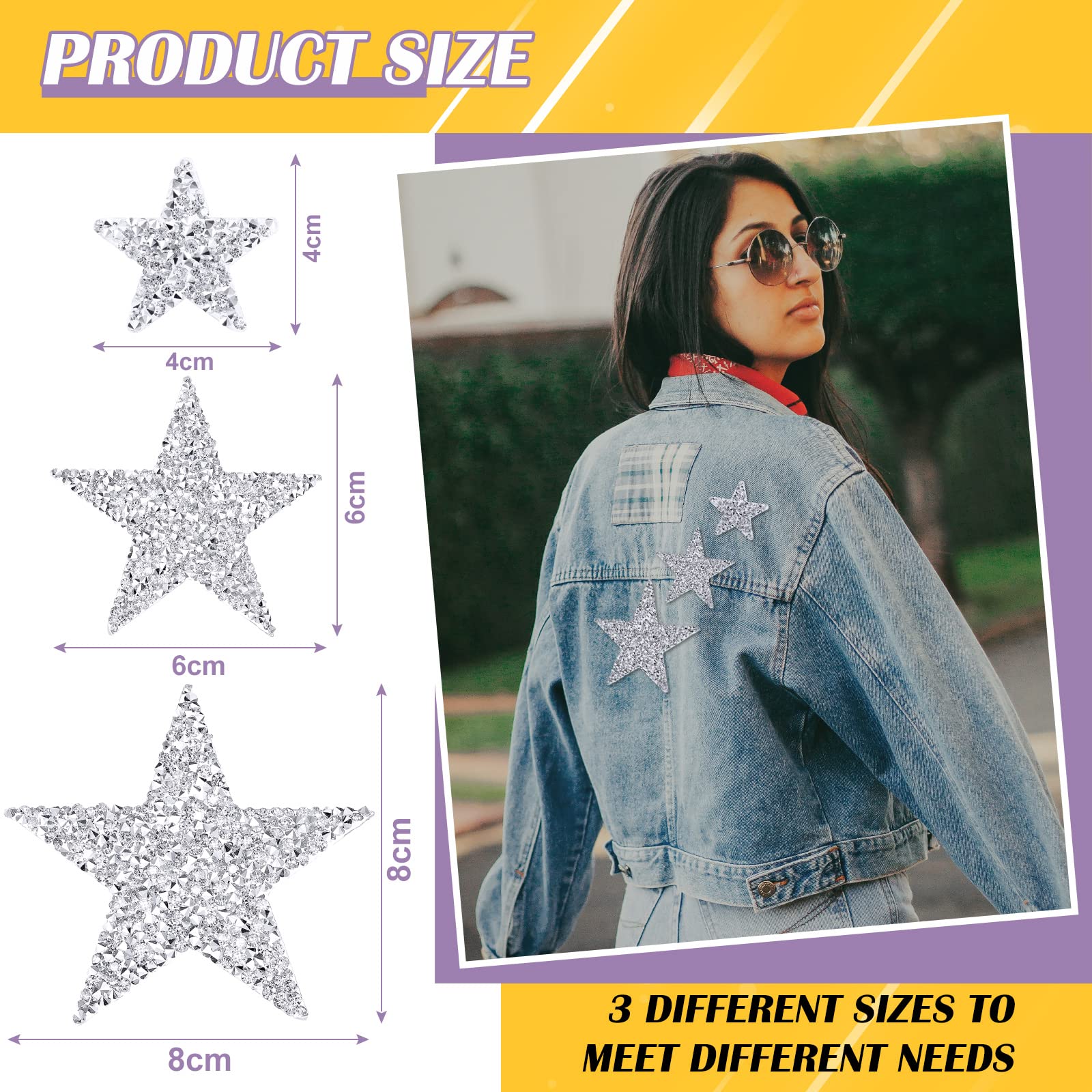 Syhood 24 Pieces Star Patches Iron on Patches Star Appliques Rhinestone Adhesive Sequin Star Patches Glitter Star Patches Appliques for Clothing Jeans Repair Decoration(1.57/2.36/3.15 Inch,Silver)