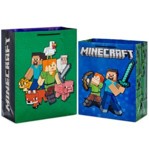 hallmark minecraft gift bag bundle (2 bags: 13" large blue bag, 15" extra large green) for birthdays, christmas, valentine's day, halloween, kids parties