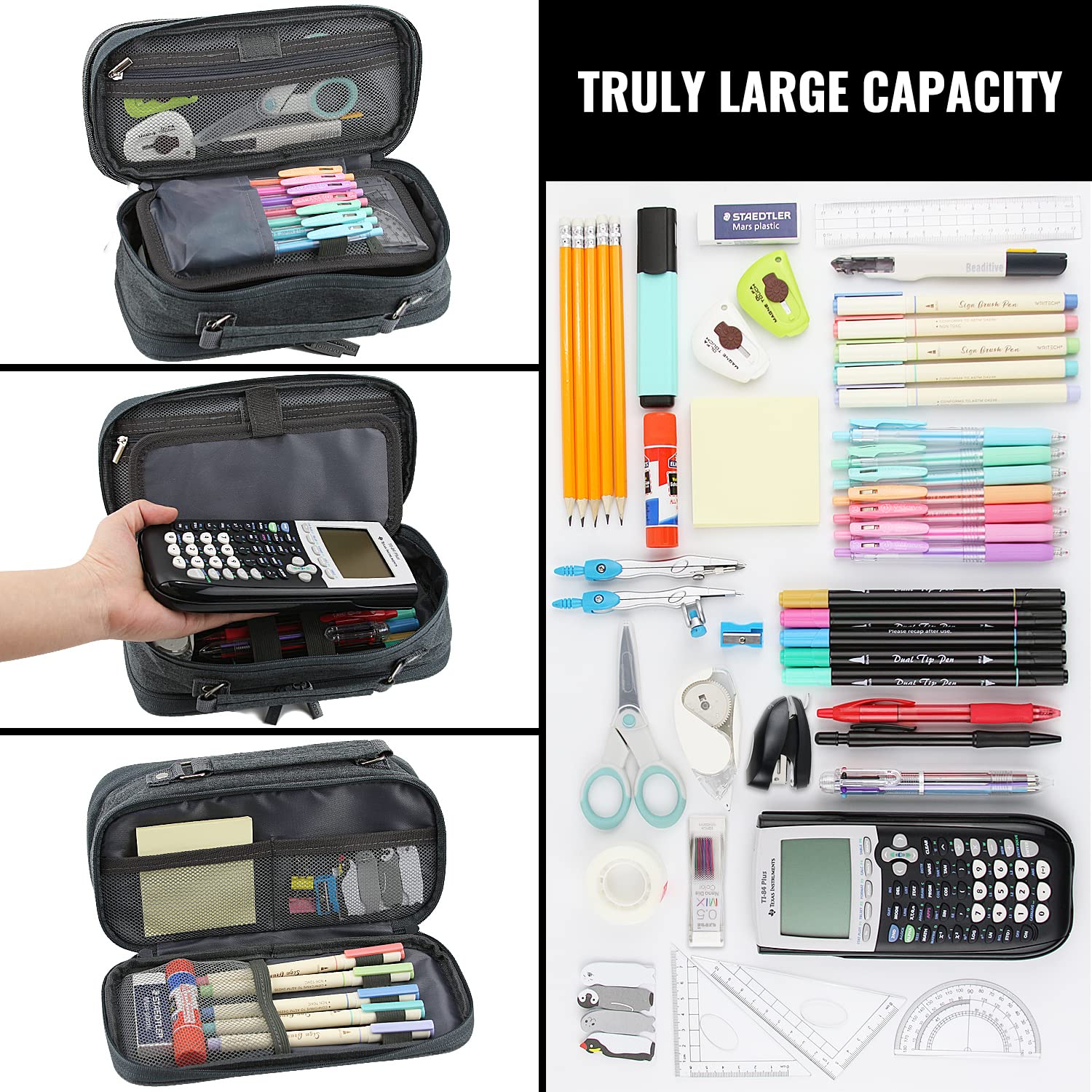 JOINPRO Pencil Case, Large Capacity Pencil Case Organizer; Double Zipper Storage Bag; Big Pencil Pouch for College School Office Teen Girl Boy Men Women Adult (Black Grey)