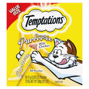 temptations creamy puree with chicken, lickable cat treats, 0.42 oz pouches, 24 count