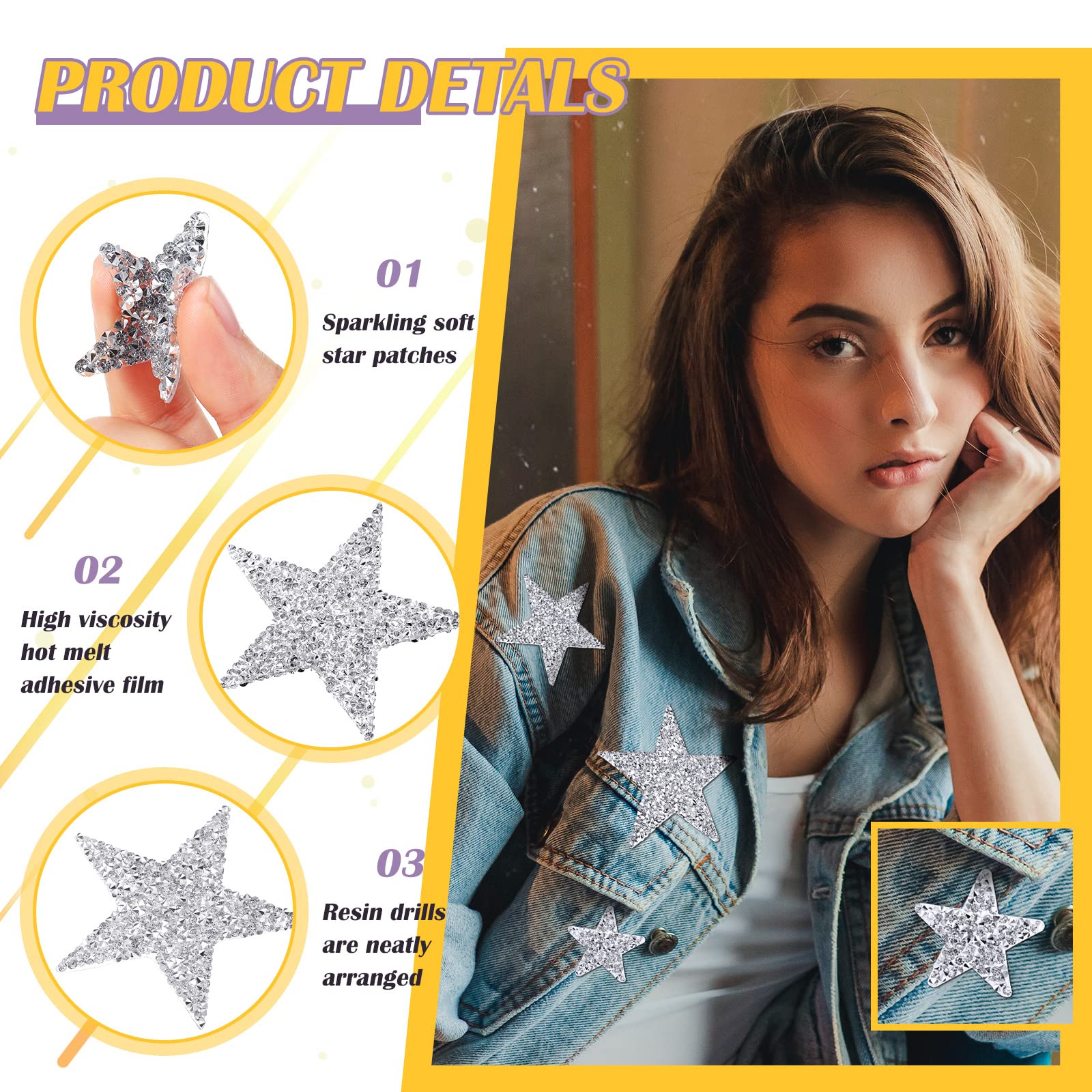 Syhood 24 Pieces Star Patches Iron on Patches Star Appliques Rhinestone Adhesive Sequin Star Patches Glitter Star Patches Appliques for Clothing Jeans Repair Decoration(1.57/2.36/3.15 Inch,Silver)