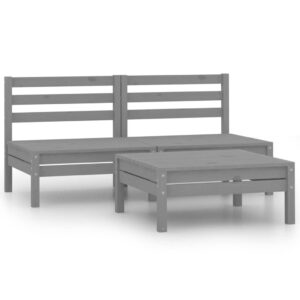 vidaxl gray solid wood pine 3-piece patio lounge set - garden furniture, outdoor seating arrangement, modular design, easy to assemble, includes two middle sofas and a table