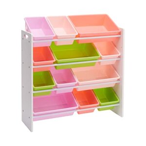 amazon basics kids toy storage organizer with 12 plastic bins, white wood with pink bins, 10.9" d x 33.6" w x 31.1" h