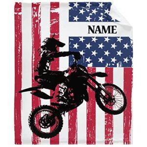 american flag motocross dirtbike custom blanket personalized name blanket with text for great gift for family, christmas, soft flannel customized name blankets for girls, boys m 60"x50" for teen