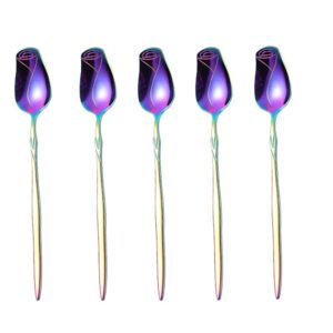 stainless steel spoon set 5 pack, rose flower shaped spoon, coffee spoon，dessert spoon, ice cream spoons, tea spoons，love spoon, cute holiday gift (colorful)