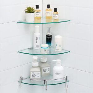 housemila glass shower shelves 3 tier glass corner shelf with 3 hangers, corner shelf for shower organizer with rail drill hole glass shelves for bathroom