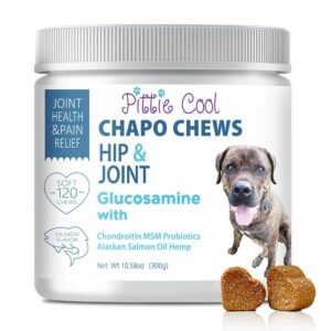 pittie cool chapo chews, 120 glucosamine hip & joint supplement for dogs, extra strength, chondroitin, msm, probiotics, hemp & salmon oil. treats arthritis, pain & inflammation, mobility, gut health