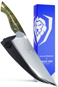 dalstrong chef knife - 8 inch - frost fire series - glacial lightning edition - hc 10cr15mov stainless steel kitchen knife - sand blasted frosted - dragon skin handle - sheath - nsf certified