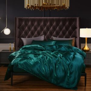 ydtwnyq 3 pcs dark green satin silky duvet cover queen size luxury silky duvet cover sets super soft bedding set solid color 90"x90" duvet cover,2 pillowcases(queen,dark green)