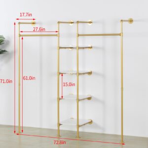 EDCB Industrial Pipe Gold Clothing Rack with Shelves, Retail Display Wall Mounted Storage Clothes Hanging Shelf Gold Pipeline Hanging Rod Steampunk Style, 4 Tier Wood Garment Rack 72.8x71inch