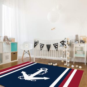 Savannan Rectangle Indoor Area Rugs, Nautical Anchor Red White Stripes Navy Blue Non-Slip Accent Rug for Living Room Bedroom Office Kids Room Nursery, 2'x3'