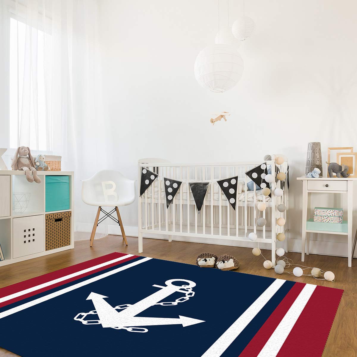 Savannan Rectangle Indoor Area Rugs, Nautical Anchor Red White Stripes Navy Blue Non-Slip Accent Rug for Living Room Bedroom Office Kids Room Nursery, 2'x3'