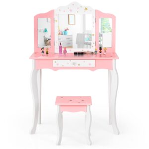 kotek kids vanity set w/tri-folding mirror, 2 in 1 wooden princess makeup dressing table w/detachable top & storage drawers, pretend beauty play vanity table set for girls (pink star print)