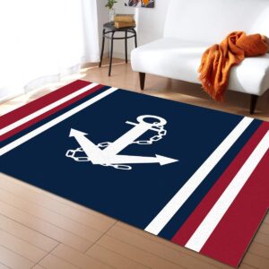 savannan rectangle indoor area rugs, nautical anchor red white stripes navy blue non-slip accent rug for living room bedroom office kids room nursery, 2'x3'