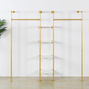 EDCB Industrial Pipe Gold Clothing Rack with Shelves, Retail Display Wall Mounted Storage Clothes Hanging Shelf Gold Pipeline Hanging Rod Steampunk Style, 4 Tier Wood Garment Rack 72.8x71inch