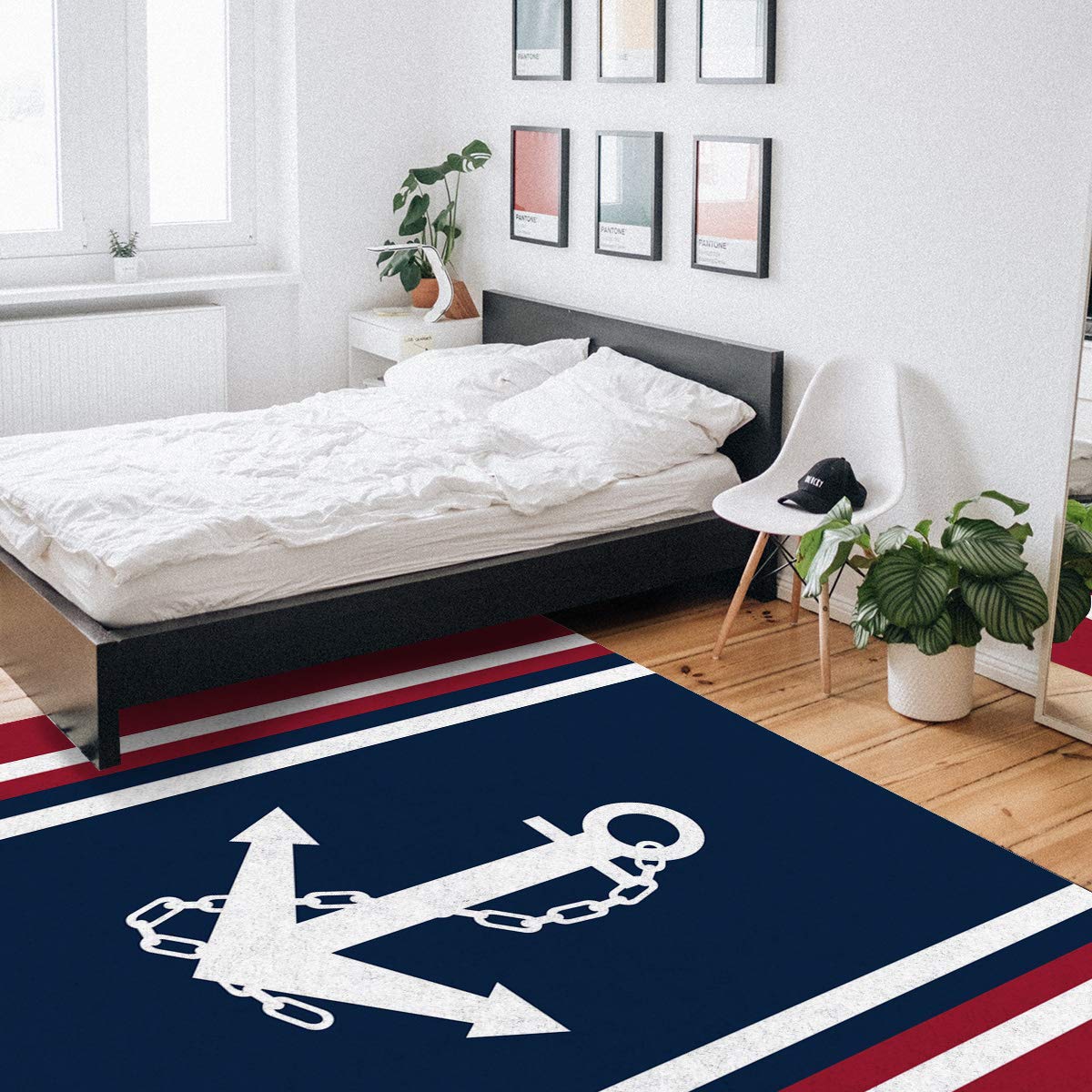 Savannan Rectangle Indoor Area Rugs, Nautical Anchor Red White Stripes Navy Blue Non-Slip Accent Rug for Living Room Bedroom Office Kids Room Nursery, 2'x3'