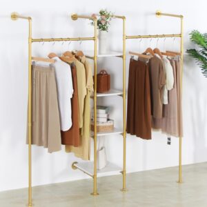 EDCB Industrial Pipe Gold Clothing Rack with Shelves, Retail Display Wall Mounted Storage Clothes Hanging Shelf Gold Pipeline Hanging Rod Steampunk Style, 4 Tier Wood Garment Rack 72.8x71inch