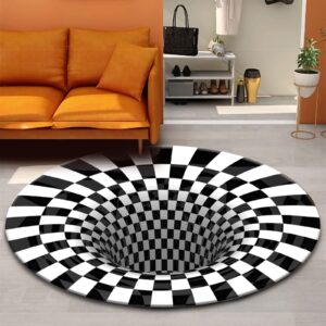 optical illusion rug 3d, black white checkeredboard realistic trippy vortex funny non-slip carpet round rugs for living room bedroom kitchen 23 inch