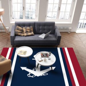 Savannan Rectangle Indoor Area Rugs, Nautical Anchor Red White Stripes Navy Blue Non-Slip Accent Rug for Living Room Bedroom Office Kids Room Nursery, 2'x3'