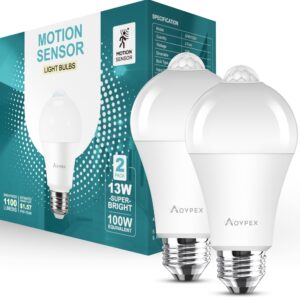 aovpex motion sensor light bulbs, dusk to dawn, 13w 100w equivalent, movement activated security led bulb, 5000k cool white, for outdoor indoor, porch garage basement hallway closet, 2 pack