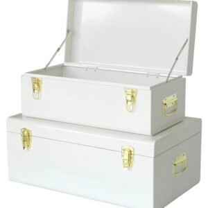 Vixdonos Metal Trunk Decorative Storage Box Set of 2 College Dorm Chest with Handle (White)