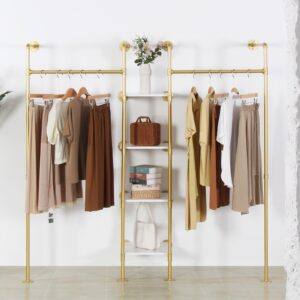 edcb industrial pipe gold clothing rack with shelves, retail display wall mounted storage clothes hanging shelf gold pipeline hanging rod steampunk style, 4 tier wood garment rack 72.8x71inch