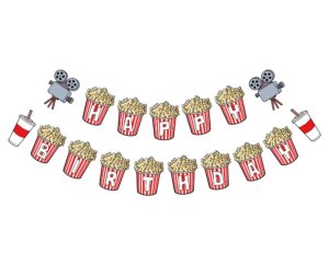 movie night theme happy birthday banner, popcorn inspired birthday party sign, watching movie bday pennant decor