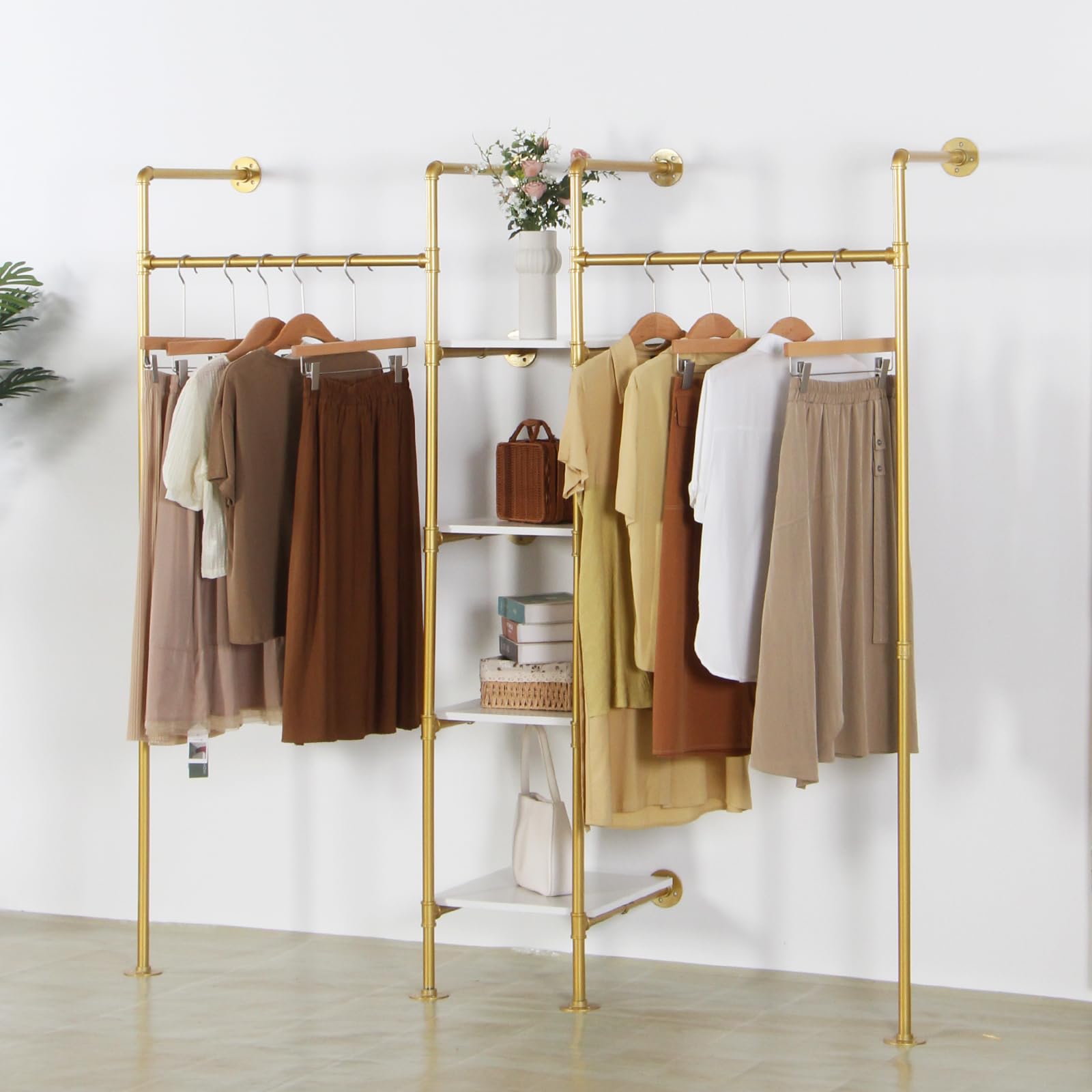 EDCB Industrial Pipe Gold Clothing Rack with Shelves, Retail Display Wall Mounted Storage Clothes Hanging Shelf Gold Pipeline Hanging Rod Steampunk Style, 4 Tier Wood Garment Rack 72.8x71inch