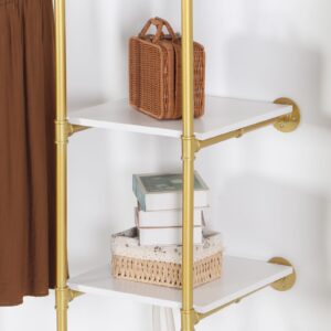 EDCB Industrial Pipe Gold Clothing Rack with Shelves, Retail Display Wall Mounted Storage Clothes Hanging Shelf Gold Pipeline Hanging Rod Steampunk Style, 4 Tier Wood Garment Rack 72.8x71inch