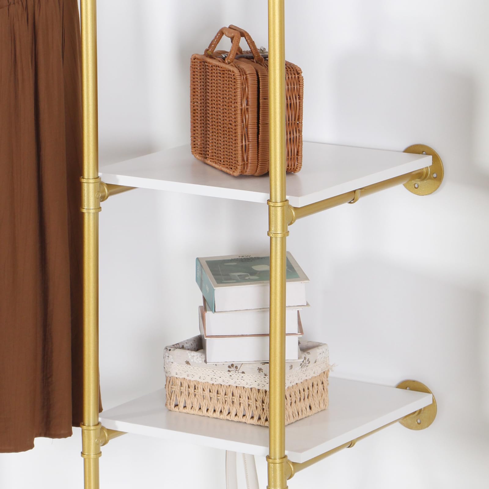 EDCB Industrial Pipe Gold Clothing Rack with Shelves, Retail Display Wall Mounted Storage Clothes Hanging Shelf Gold Pipeline Hanging Rod Steampunk Style, 4 Tier Wood Garment Rack 72.8x71inch