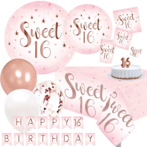 sweet 16 rose gold birthday party supplies, serves 24 guests, includes cups, plates, napkins, table covers, happy birthday banner, cake topper, balloons, and candle, essentials for 16th birthday party