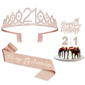 21st birthday decorations for her, including 21st birthday sash, cake topper, crown, candles, 21st birthday gifts for her, 21st birthday decorations for women