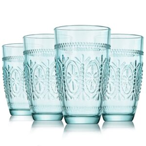 creativeland colored vintage drinking glasses set of 4, 15.5 oz romantic embossed water glasses, colored tumblers tempered glass for juice, beverages, beer, cocktail (blue)