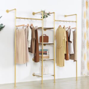 EDCB Industrial Pipe Gold Clothing Rack with Shelves, Retail Display Wall Mounted Storage Clothes Hanging Shelf Gold Pipeline Hanging Rod Steampunk Style, 4 Tier Wood Garment Rack 72.8x71inch