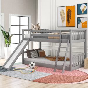 harper & bright designs low bunk bed for kids, solid wood twin over twin floor bunk bed with slide and angle ladders, twin bunk bed for kids toddlers teens (new, gray)