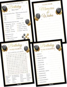 birthday party games - set of 4 games for 30 guests - double sided cards - birthday party supplies for adults