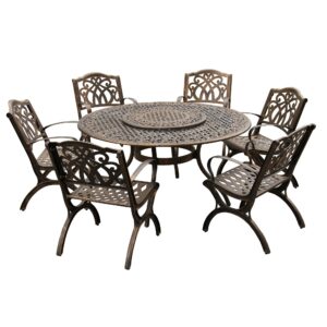 oakland living modern ornate outdoor mesh aluminum 59-in large bronze round patio dining set with lazy susan and six chairs