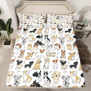 dog fitted sheet i love dogs bedding sets pug corgi shiba puppy fitted bed sheets for kids boys girls kawaii animals cartoon (no top sheet) (1 fitted shhet and 1 pillow case) bedroom decor twin size