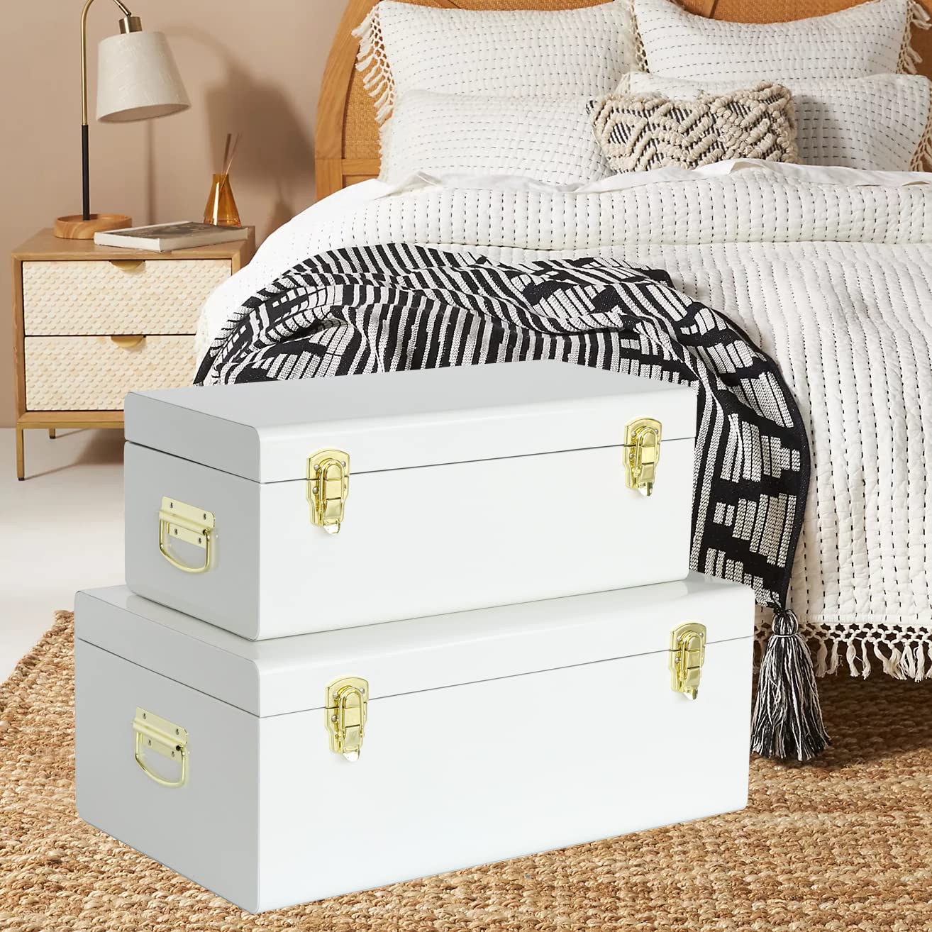 Vixdonos Metal Trunk Decorative Storage Box Set of 2 College Dorm Chest with Handle (White)