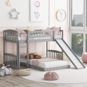 harper & bright designs low bunk bed twin over twin, wood floor bunk bed with slide and ladder, l-shape bunk bed for kids toddlers teens boys & girls (gray)