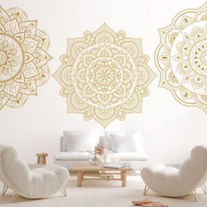 4 pcs half mandala wall decal boho mandala wall sticker hippie mandala vinyl wall decals flower wall stickers headboard wall decoration indian namaste flower for bedroom living room yoga (gold)