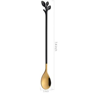 AnSaw Black & Gold 7.4" Long Teaspoons Set of 10 - Stainless Steel Leaf Handle Coffee Stirrers, Perfect as Stir Spoons, Tea Spoons, and Stirring Spoons