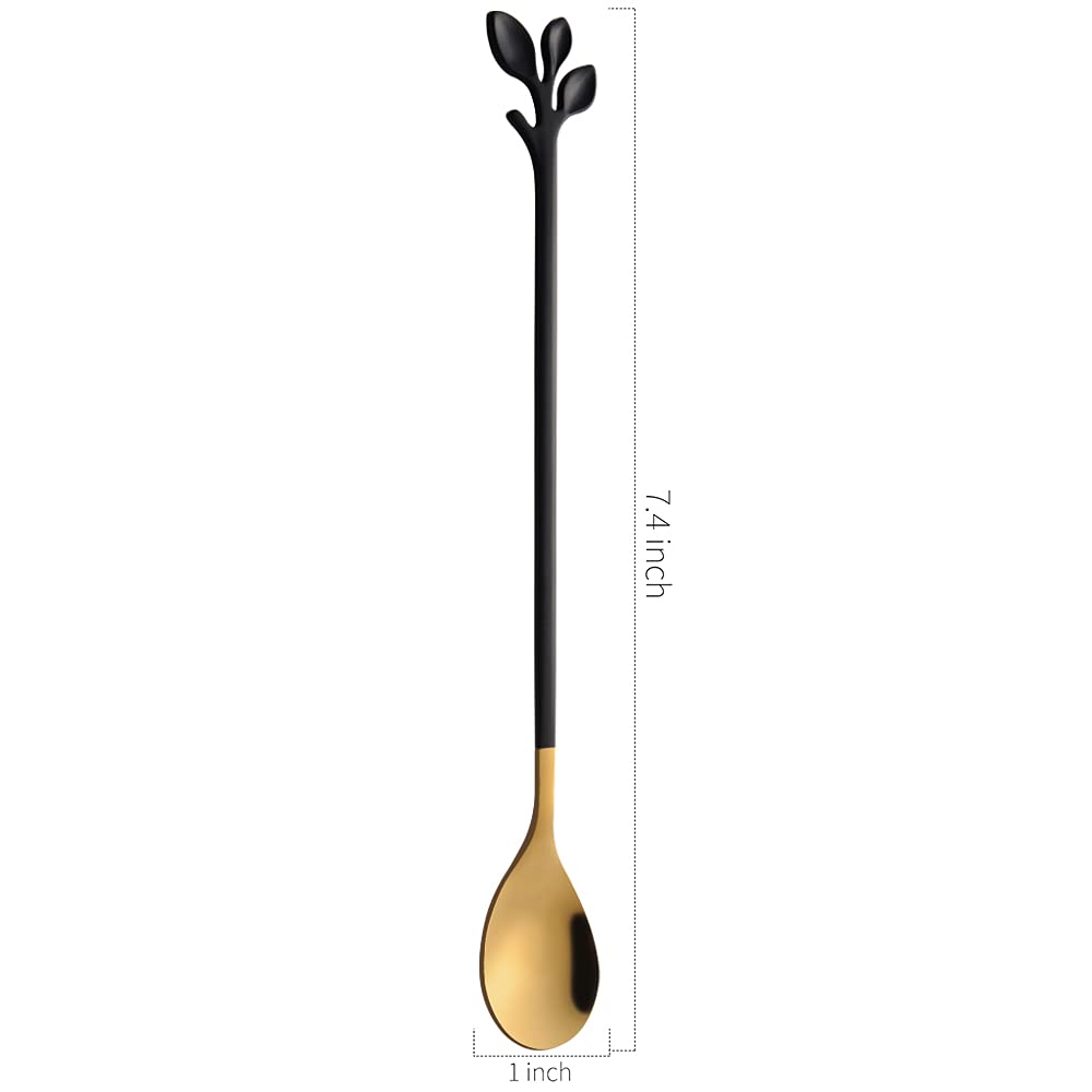 AnSaw Black & Gold 7.4" Long Teaspoons Set of 10 - Stainless Steel Leaf Handle Coffee Stirrers, Perfect as Stir Spoons, Tea Spoons, and Stirring Spoons