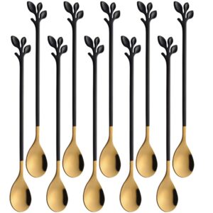 ansaw black & gold 7.4" long teaspoons set of 10 - stainless steel leaf handle coffee stirrers, perfect as stir spoons, tea spoons, and stirring spoons